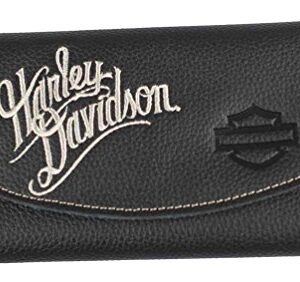 Harley-Davidson Women's Embroidered Script Tri-Fold Wallet, Black ZWL3871-CRMBLK