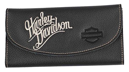 Harley-Davidson Women's Embroidered Script Tri-Fold Wallet, Black ZWL3871-CRMBLK