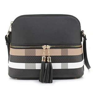 sg sugu lightweight medium dome crossbody bag with tassel | plaid pattern | black/brown