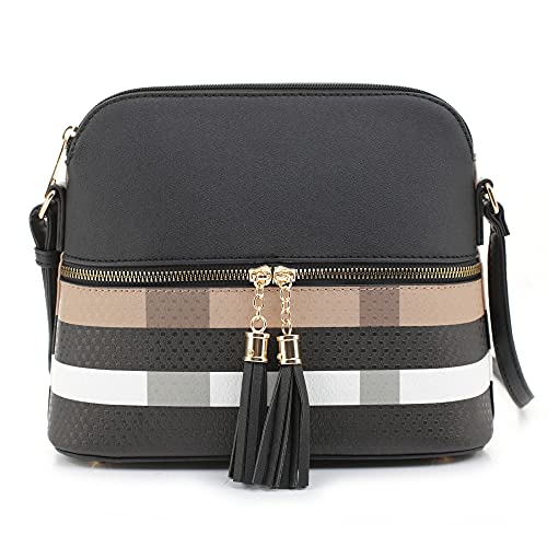 SG SUGU Lightweight Medium Dome Crossbody Bag with Tassel | Plaid Pattern | Black/Brown