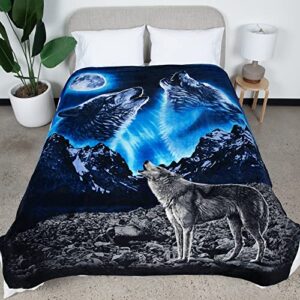 dawhud direct ii howling wolf fleece blanket for bed, 75″ x 90″ queen size wolf fleece throw blanket for men, women, adults, teen and kids – super soft plush wolf blanket throw native american decor