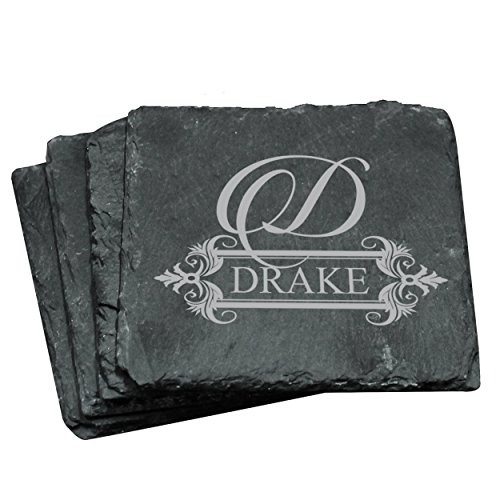 Custom Engraved Slate Stone Drink Coasters Set of 4 - Monogrammed and Personalized (Square)