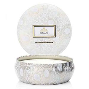 voluspa mokara candle | 3 wick tin | 12 oz. | 40 hour burn time | vegan | all natural wicks and coconut wax for clean burning