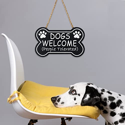 SANY DAYO HOME Dogs Welcome People Tolerated 10 x 6 inches Funny Wood Signs Bone Shape Dog Rules Decorative Plaque with Hanging Rope for Wall, Front Door Decor