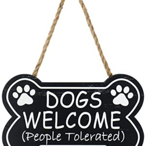 SANY DAYO HOME Dogs Welcome People Tolerated 10 x 6 inches Funny Wood Signs Bone Shape Dog Rules Decorative Plaque with Hanging Rope for Wall, Front Door Decor