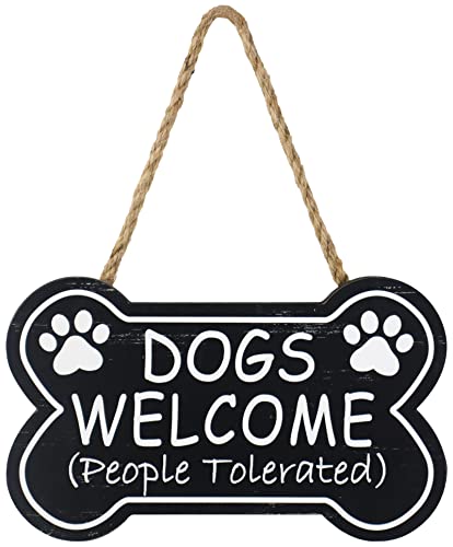 SANY DAYO HOME Dogs Welcome People Tolerated 10 x 6 inches Funny Wood Signs Bone Shape Dog Rules Decorative Plaque with Hanging Rope for Wall, Front Door Decor