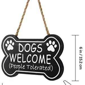 SANY DAYO HOME Dogs Welcome People Tolerated 10 x 6 inches Funny Wood Signs Bone Shape Dog Rules Decorative Plaque with Hanging Rope for Wall, Front Door Decor