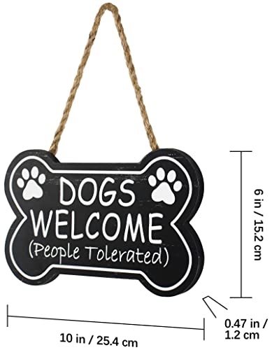 SANY DAYO HOME Dogs Welcome People Tolerated 10 x 6 inches Funny Wood Signs Bone Shape Dog Rules Decorative Plaque with Hanging Rope for Wall, Front Door Decor