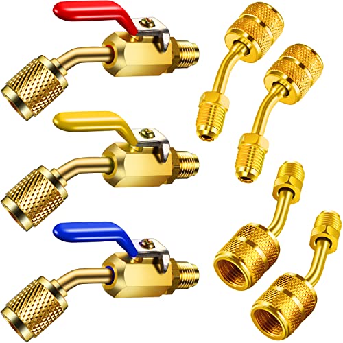 7 Pieces Air Conditioning Refrigerant Angled Compact Ball Valve 1/4 Inch for R410A R134A R12 R22 HVAC and R410A Adapter 5/16 Inch Female to 1/4 Inch Male Flare for Mini Split System