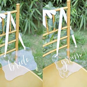 UNIQOOO Custom DIY Clear Blank Acrylic Hanging Sign | Elegant Wedding Chair Signs w/White Satin Ribbon for Bride & Groom | Perfect for Calligraphy Lovers Home Retail Store Party, 8x12 inch, Set of 4