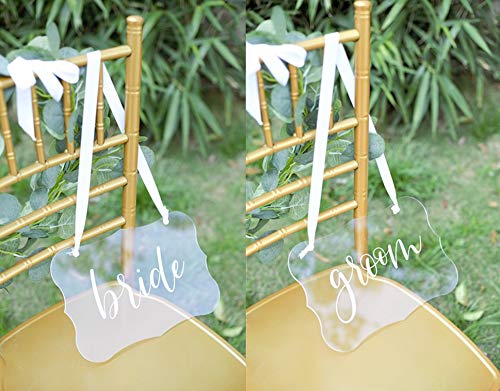 UNIQOOO Custom DIY Clear Blank Acrylic Hanging Sign | Elegant Wedding Chair Signs w/White Satin Ribbon for Bride & Groom | Perfect for Calligraphy Lovers Home Retail Store Party, 8x12 inch, Set of 4