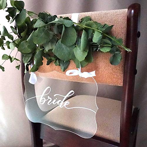 UNIQOOO Custom DIY Clear Blank Acrylic Hanging Sign | Elegant Wedding Chair Signs w/White Satin Ribbon for Bride & Groom | Perfect for Calligraphy Lovers Home Retail Store Party, 8x12 inch, Set of 4