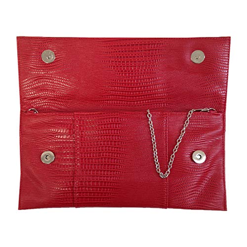 JNB Lizard Pattern With Crystal Envelope Clutch, Red