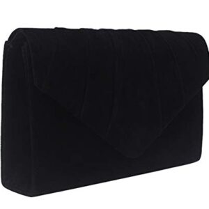 ZIUMUDY Elegant Velvet Envelope Pleated Clutch Bags Wedding Evening Shoulder Chain Handbags (Black)