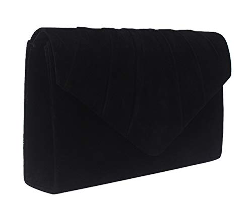 ZIUMUDY Elegant Velvet Envelope Pleated Clutch Bags Wedding Evening Shoulder Chain Handbags (Black)