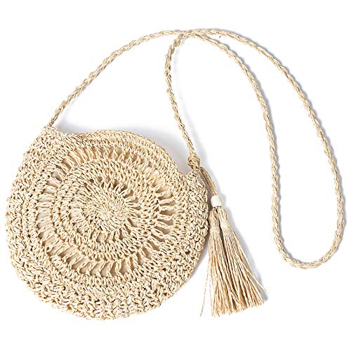 Straw Shoulder Bag, Kadell Women Handmade Summer Beach Crossbody Bag, for Travel Outing Dating Outgoing, for Girls Ladies Women, comes with tassels, Beige