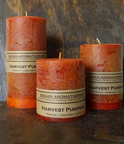 Harvest Pumpkin Spice Cinnamon Clove Scented Pillar Candle Set (3 Piece Set, Rustic, Dark Orange)