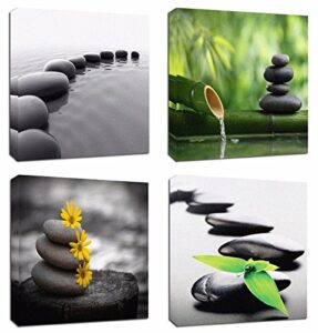 4pcs 12×12 canvas wood stretched zen stone garden rocks spa bamboo fountain japan yoga theme pink frame landscape abstract modern art for home room office wall print decor 12×12″ inch (30x30cm