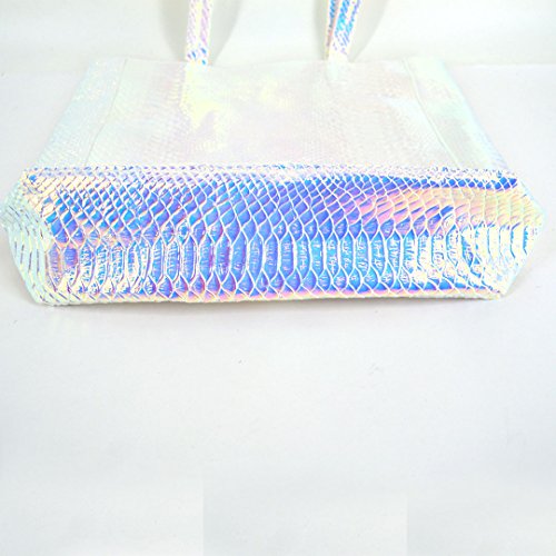 Mily Hologram Tote Bag Laser PU Shoulder Bag, Silver Snakeskin, Size One Size