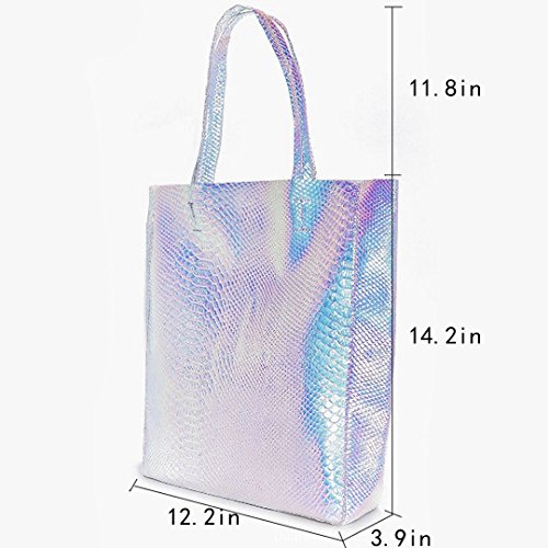 Mily Hologram Tote Bag Laser PU Shoulder Bag, Silver Snakeskin, Size One Size