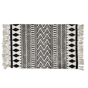 ustide cotton rug black&cream boho rag rug washable farmhouse bath tassel rug doormat hand woven fringe rug chindi rug 2’×3’