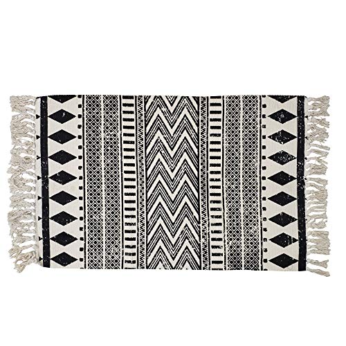 USTIDE Cotton Rug Black&Cream Boho Rag Rug Washable Farmhouse Bath Tassel Rug Doormat Hand Woven Fringe Rug Chindi Rug 2’×3’