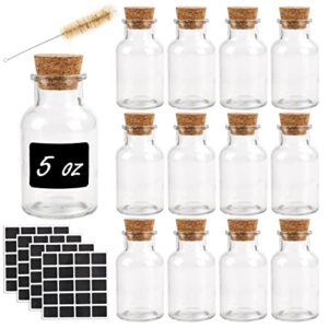 cucumi 12pcs 150ml glass spice jars with lids reusable glass spice bottles with cork, 100pcs blank square stickers 1pcs test tube brush for storing tea herbs and spices