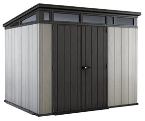 keter artisan 9×7 foot large outdoor shed with floor with modern design for patio furniture, lawn mower, tools, and bike storage, grey