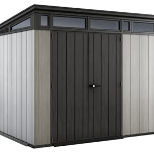 Keter Artisan 9x7 Foot Large Outdoor Shed with Floor with Modern Design for Patio Furniture, Lawn Mower, Tools, and Bike Storage, Grey