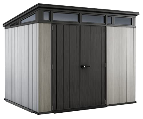 Keter Artisan 9x7 Foot Large Outdoor Shed with Floor with Modern Design for Patio Furniture, Lawn Mower, Tools, and Bike Storage, Grey