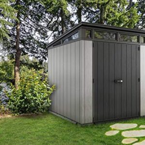 Keter Artisan 9x7 Foot Large Outdoor Shed with Floor with Modern Design for Patio Furniture, Lawn Mower, Tools, and Bike Storage, Grey