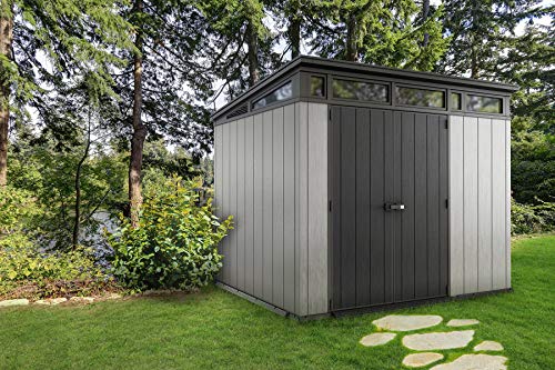 Keter Artisan 9x7 Foot Large Outdoor Shed with Floor with Modern Design for Patio Furniture, Lawn Mower, Tools, and Bike Storage, Grey