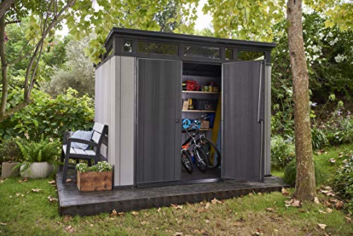 Keter Artisan 9x7 Foot Large Outdoor Shed with Floor with Modern Design for Patio Furniture, Lawn Mower, Tools, and Bike Storage, Grey