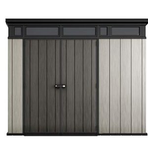 Keter Artisan 9x7 Foot Large Outdoor Shed with Floor with Modern Design for Patio Furniture, Lawn Mower, Tools, and Bike Storage, Grey