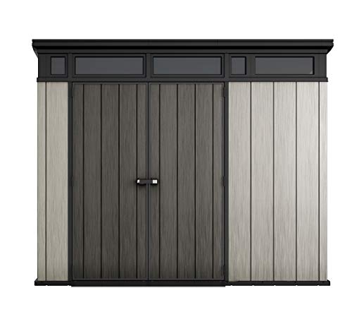 Keter Artisan 9x7 Foot Large Outdoor Shed with Floor with Modern Design for Patio Furniture, Lawn Mower, Tools, and Bike Storage, Grey