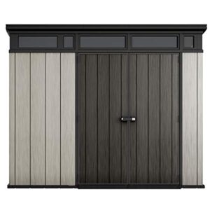 Keter Artisan 9x7 Foot Large Outdoor Shed with Floor with Modern Design for Patio Furniture, Lawn Mower, Tools, and Bike Storage, Grey