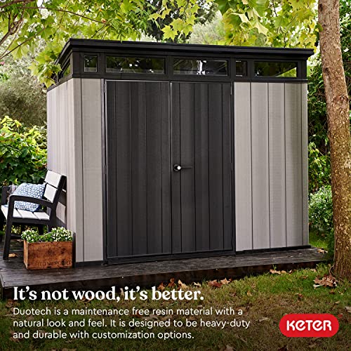 Keter Artisan 9x7 Foot Large Outdoor Shed with Floor with Modern Design for Patio Furniture, Lawn Mower, Tools, and Bike Storage, Grey