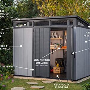 Keter Artisan 9x7 Foot Large Outdoor Shed with Floor with Modern Design for Patio Furniture, Lawn Mower, Tools, and Bike Storage, Grey