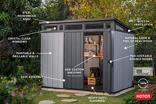 Keter Artisan 9x7 Foot Large Outdoor Shed with Floor with Modern Design for Patio Furniture, Lawn Mower, Tools, and Bike Storage, Grey