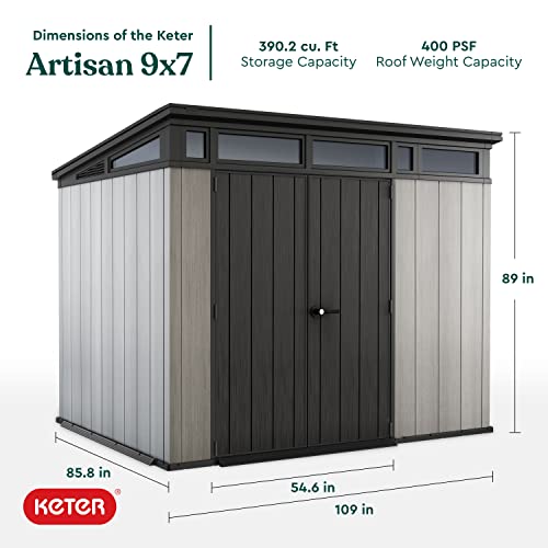 Keter Artisan 9x7 Foot Large Outdoor Shed with Floor with Modern Design for Patio Furniture, Lawn Mower, Tools, and Bike Storage, Grey