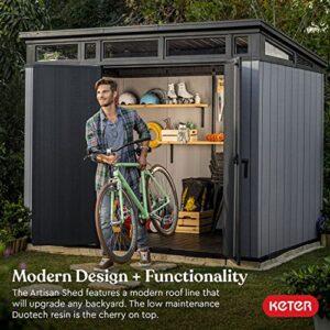 Keter Artisan 9x7 Foot Large Outdoor Shed with Floor with Modern Design for Patio Furniture, Lawn Mower, Tools, and Bike Storage, Grey