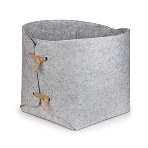 Kasefox Felt Storage Bin - Natural Tan Suede Ties - Premium Grey Felt Organizing Basket for Home, Office, Nursery, Toys, Dorm, Closet – Fits in Cube Storage Shelves - Medium