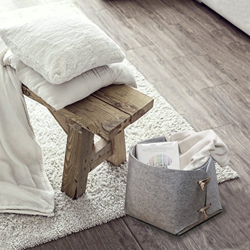 Kasefox Felt Storage Bin - Natural Tan Suede Ties - Premium Grey Felt Organizing Basket for Home, Office, Nursery, Toys, Dorm, Closet – Fits in Cube Storage Shelves - Medium