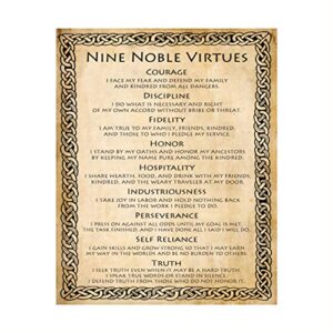 “9 noble virtues & affirmations-courage-discipline-honor”-wall art-8 x 10″ print wall decor-ready to frame. parchment print for home-office decor. timeless truths to teach -w/endless knot design.