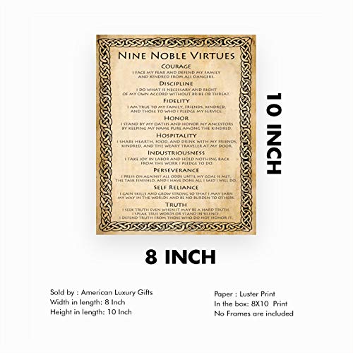 "9 Noble Virtues & Affirmations-Courage-Discipline-Honor"-Wall Art-8 x 10" Print Wall Decor-Ready to Frame. Parchment Print for Home-Office Decor. Timeless Truths To Teach -w/Endless Knot Design.