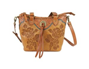 american west texas rose leather small convertible bucket tote – golden tan