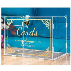 wedding card box with lock（acrylic 11×8×8 in），foldable，gold pattern