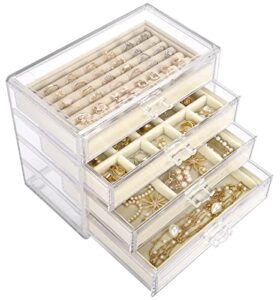 mebbay acrylic jewelry organizer, clear jewelry box with 4 drawers, velvet rings earring necklace bracelet display and storage case for women, beige