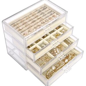 Mebbay Acrylic Jewelry Organizer, Clear Jewelry Box with 4 Drawers, Velvet Rings Earring Necklace Bracelet Display and Storage Case for Women, Beige