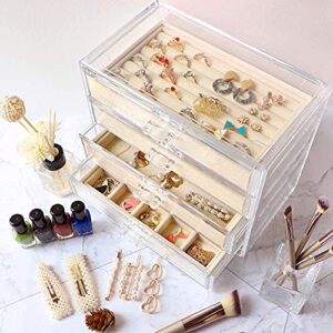 Mebbay Acrylic Jewelry Organizer, Clear Jewelry Box with 4 Drawers, Velvet Rings Earring Necklace Bracelet Display and Storage Case for Women, Beige